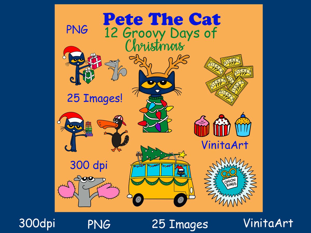 Pete The Cat's 12 Groovy Days Of Christmas, storybook clipart, digital ...