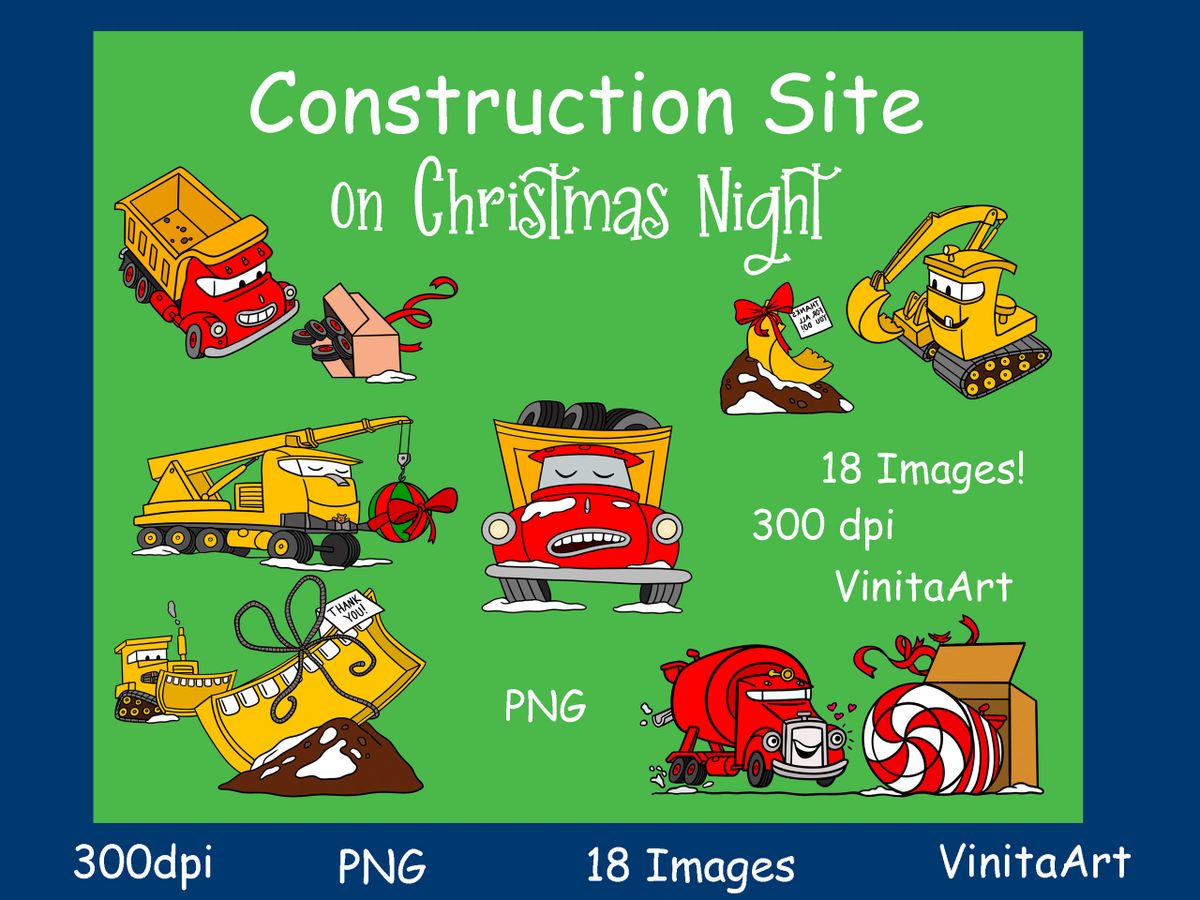 Construction Site on Christmas Night, storybook clipart, digital ...