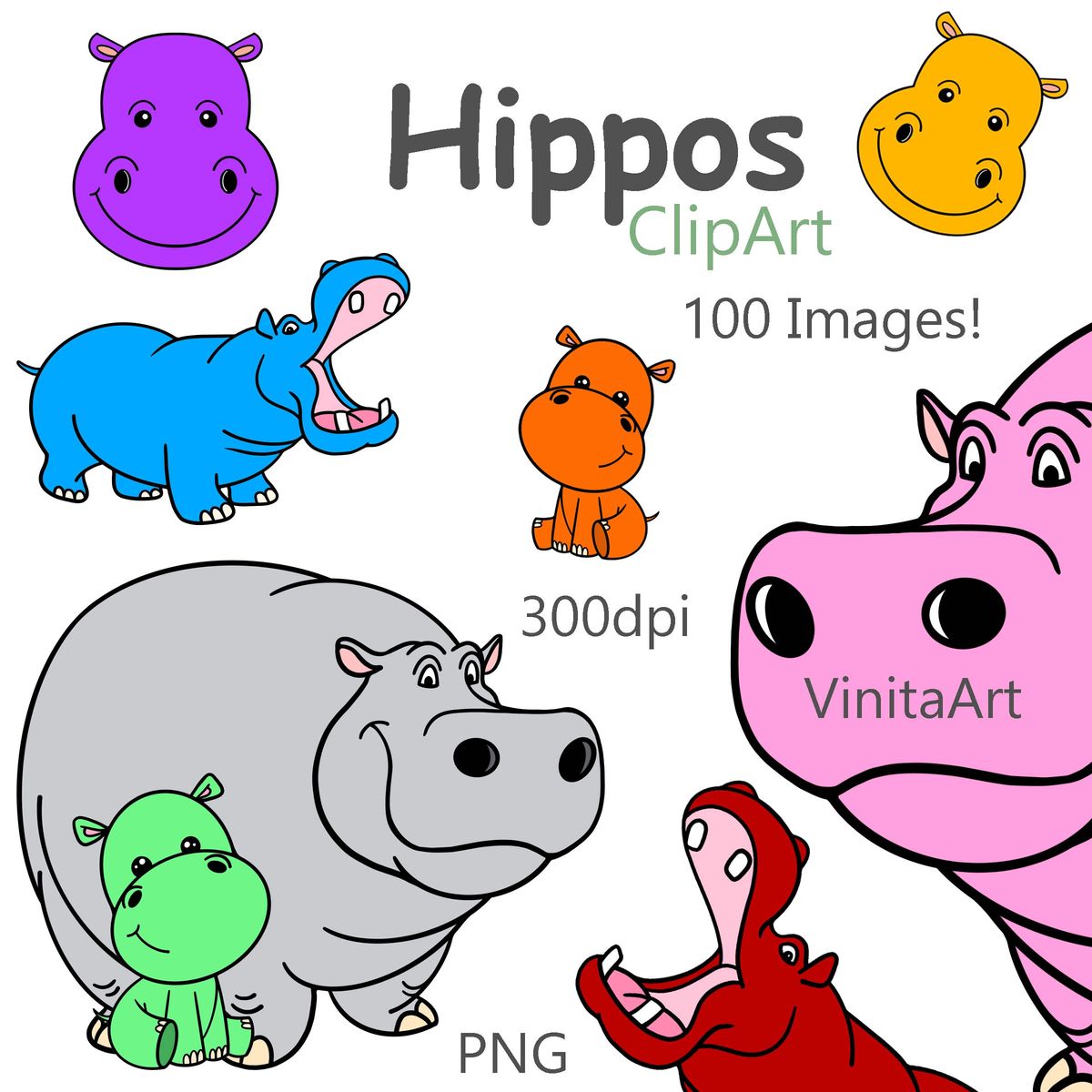 Hippo clipart, hippopotamus clipart, digital download, printable