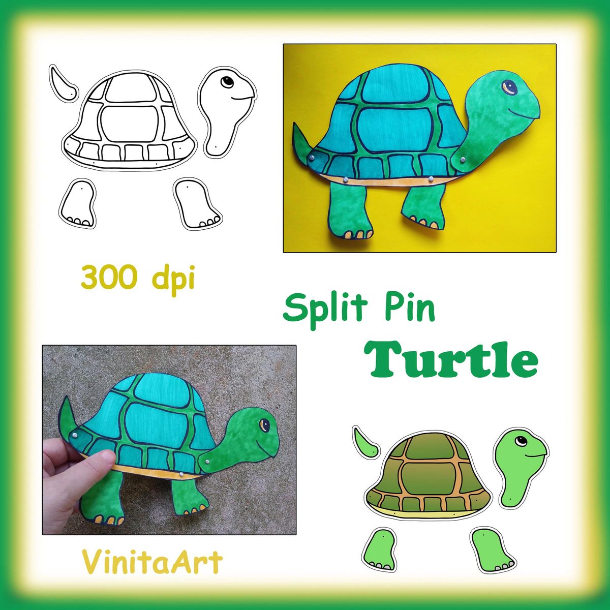 Articulated Turtle, split pin paper craft template, jointed, moveable