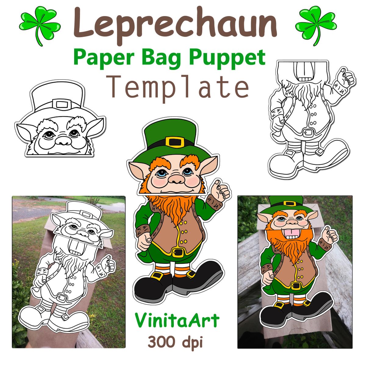 Leprechaun paper craft puppet template St. Patrick's Day
