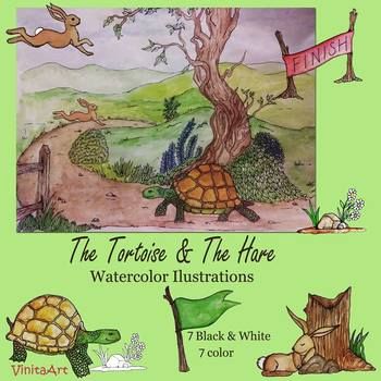 Aesop's Fables, The Tortoise and The Hare, watercolor and B&W Images