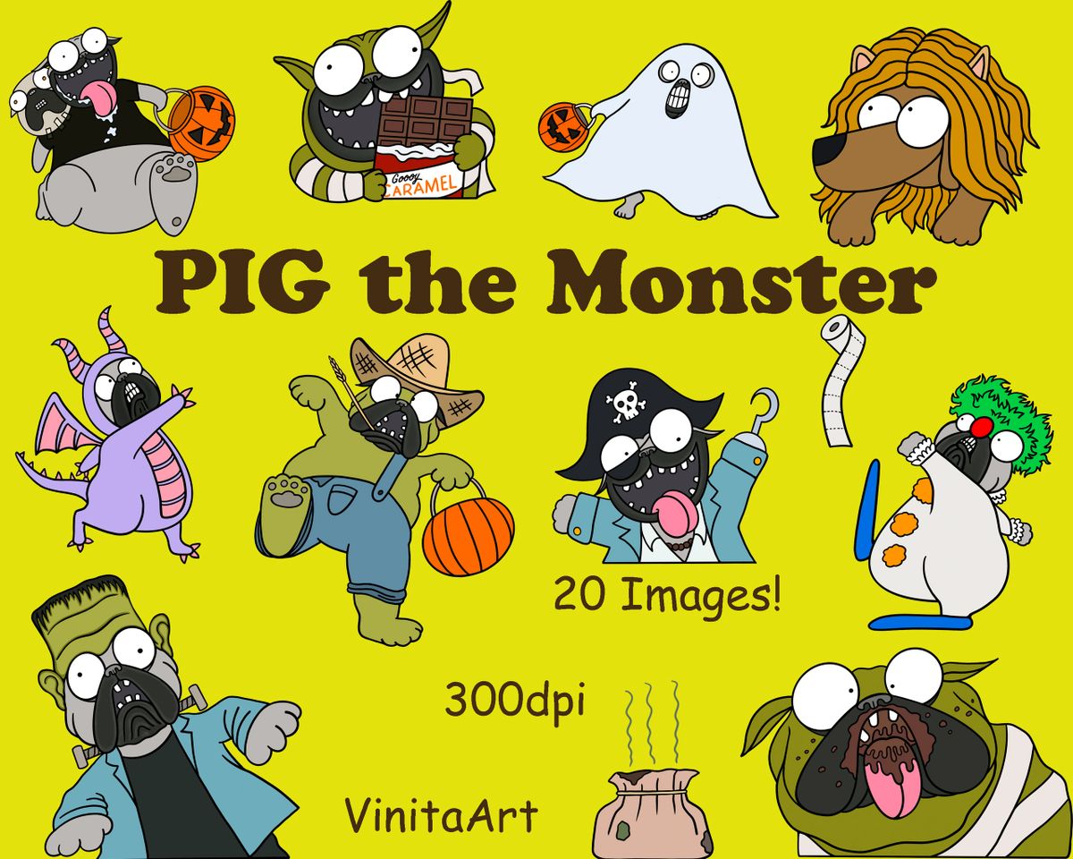 Pig the Monster storybook clipart, digital download, printable