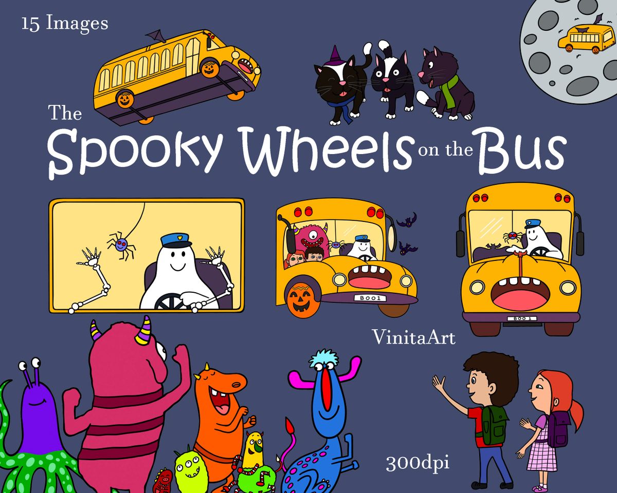 The Spooky Wheels On The Bus, storybook clipart, digital download ...