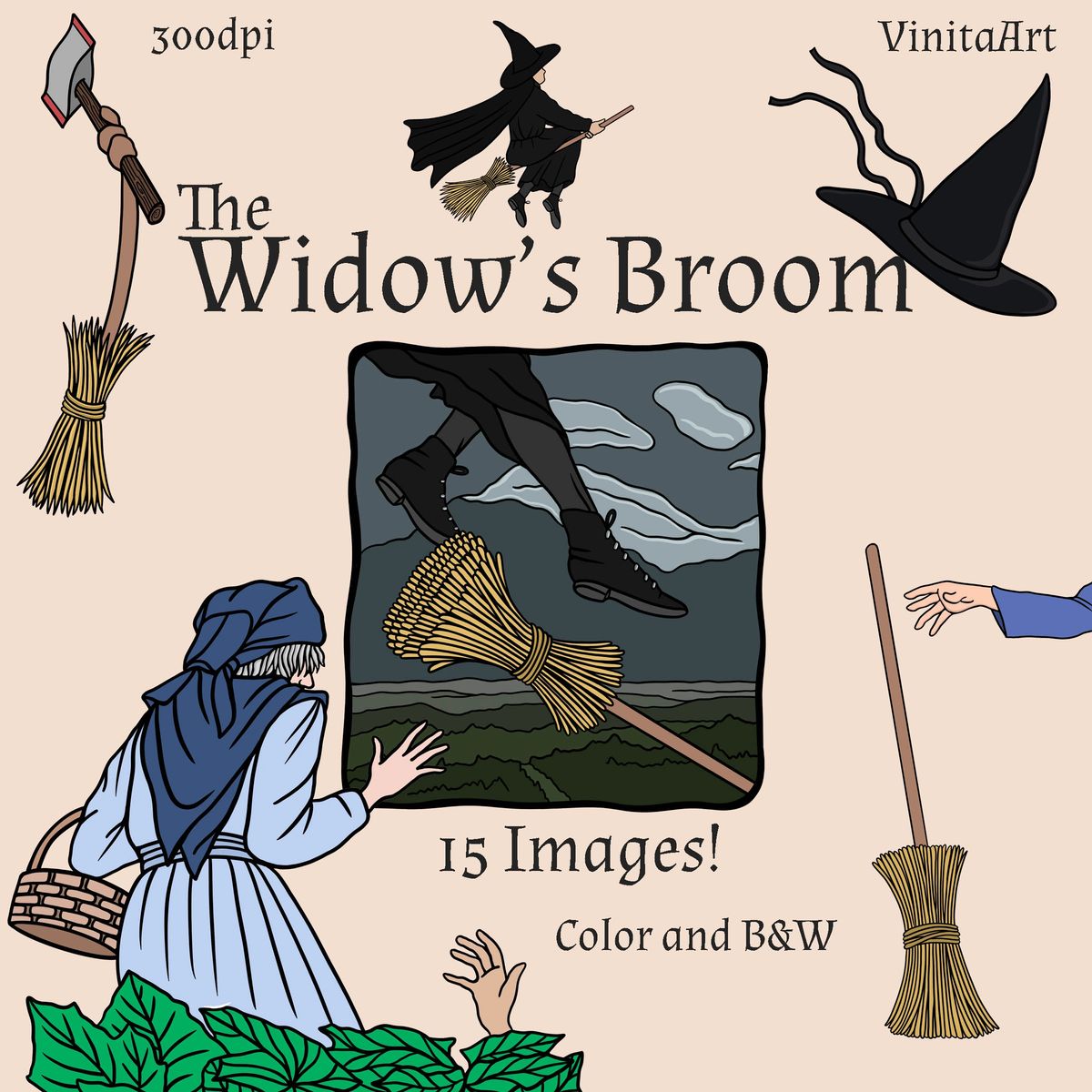 The Widow's Broom, storybook clipart, digital download, printable