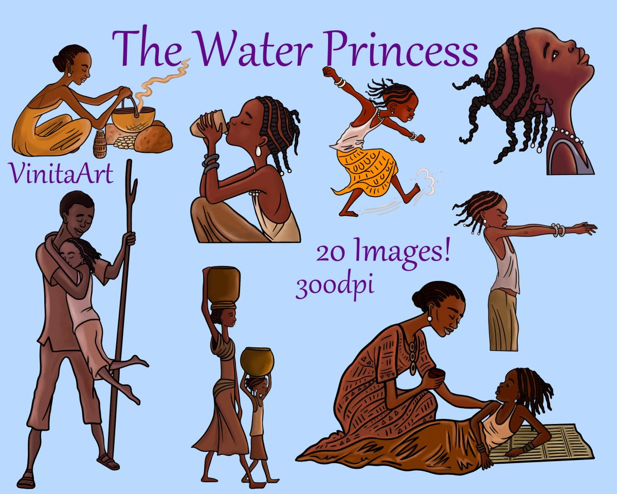 The Water Princess, storybook clipart, 20 color and 20 black and white ...