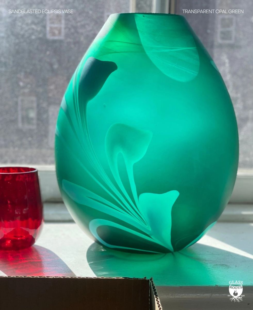 Sandblasted Blown Glass Opal Green Cerulean Fern Eclipsis Vase