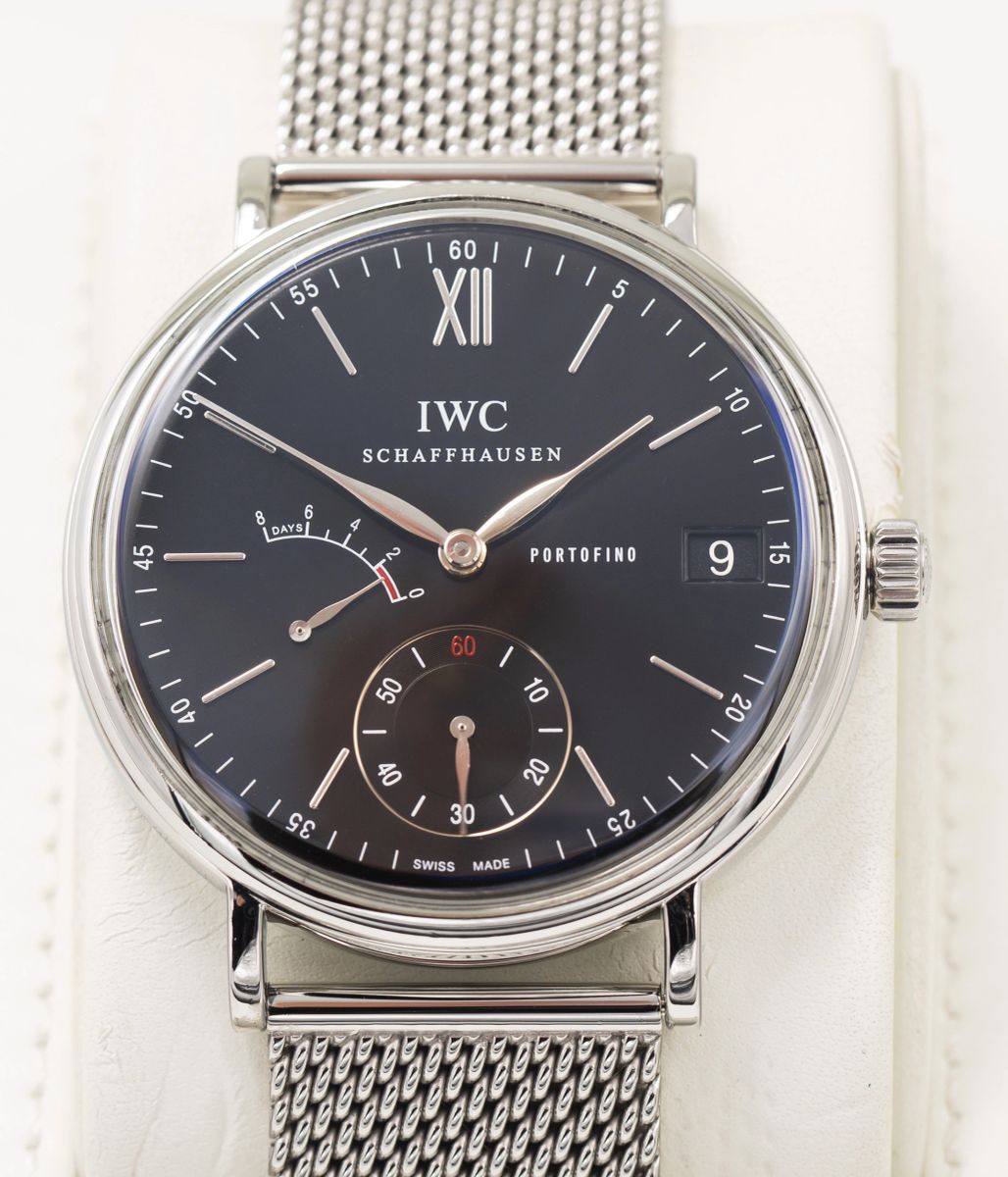 IWC Portofino Hand-Wound 8 Days Black Dial Steel Mesh Bracelet IW510102 ...