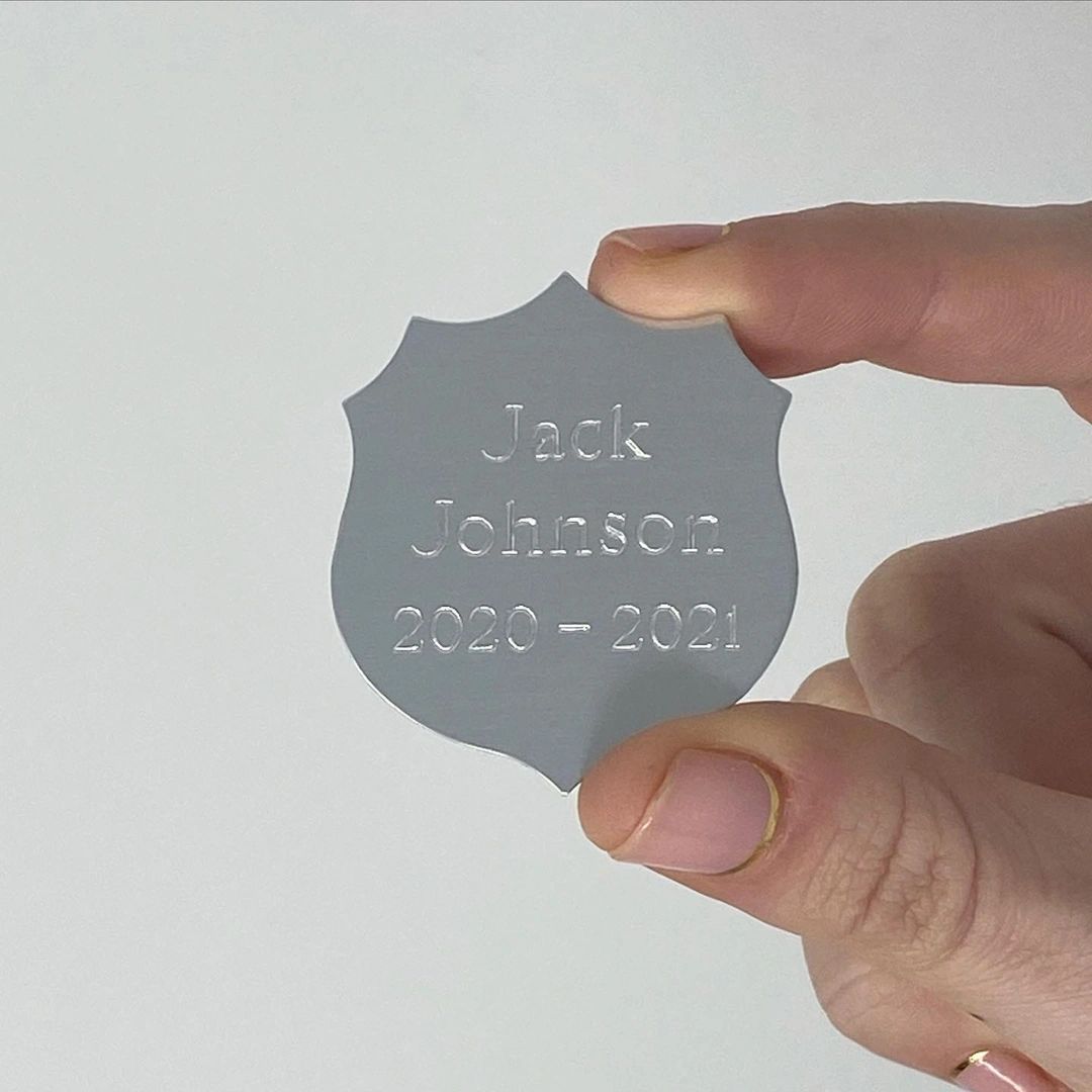 Silver Name Plate, Laser Engraved, #2 Shield, Shiny Finish, Silver Text