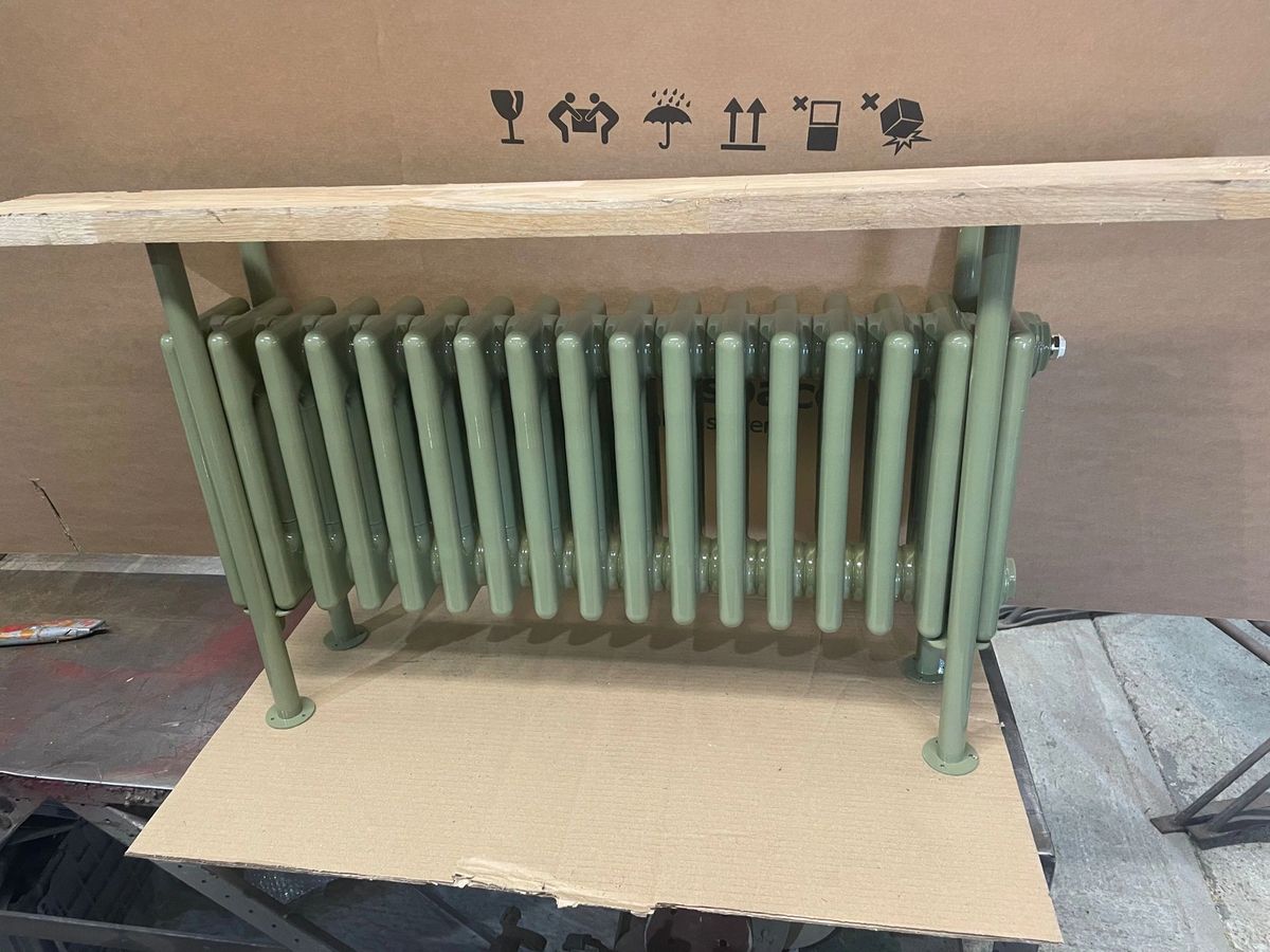 Olive Green Column Radiator with Oak Bench 550mm High 240mm depth