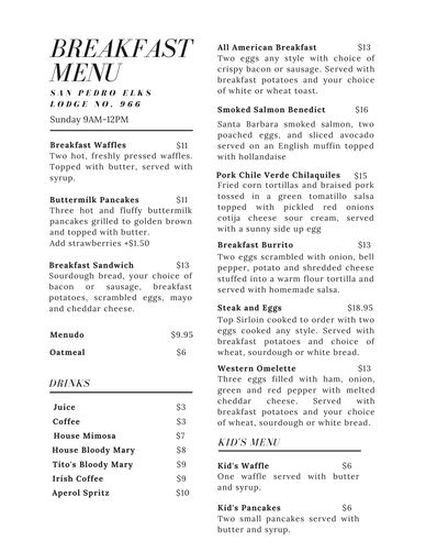 Restaurant and Bar Menu