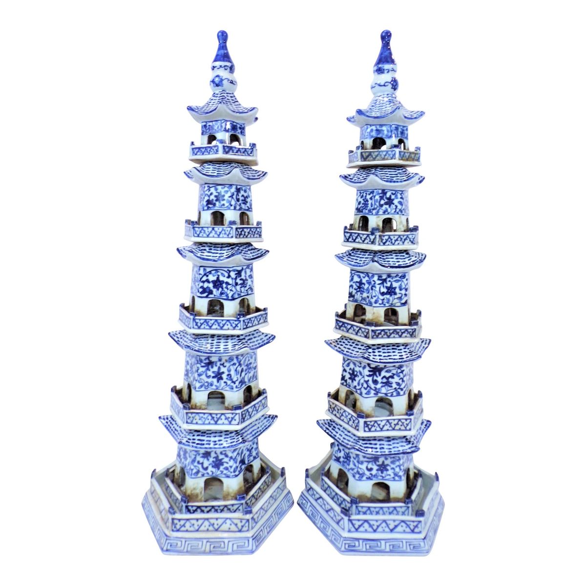 Blue and White Chinoiserie Porcelain Pagoda Statues - a Pair